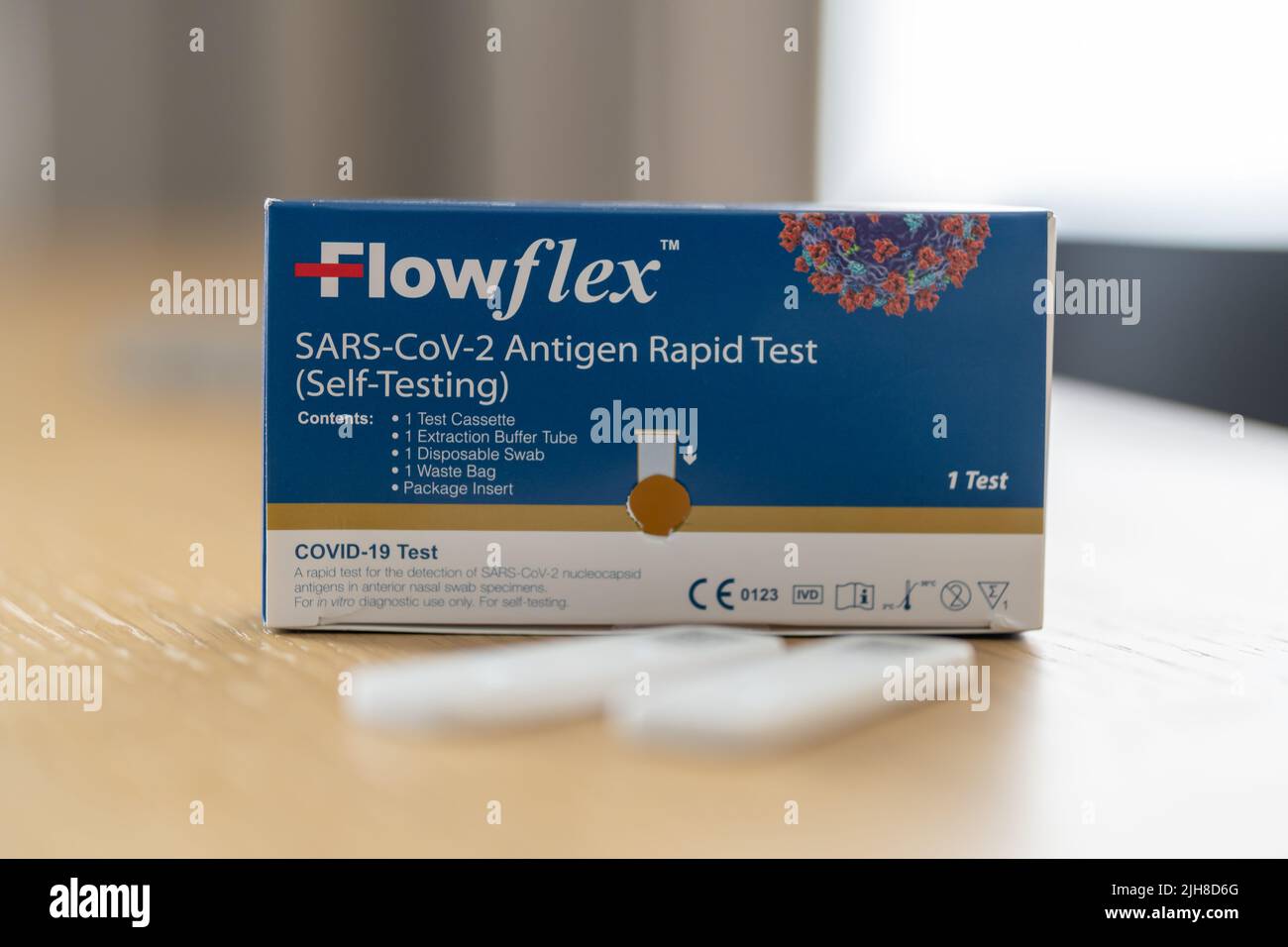 A closeup of a box with Covid-19 rapid tests of Flowflex brand with a ...