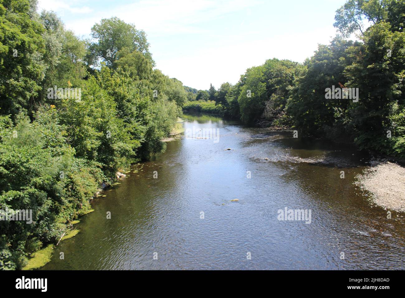 An aerial view of a smoothly flowing river surrounded by trees Stock ...