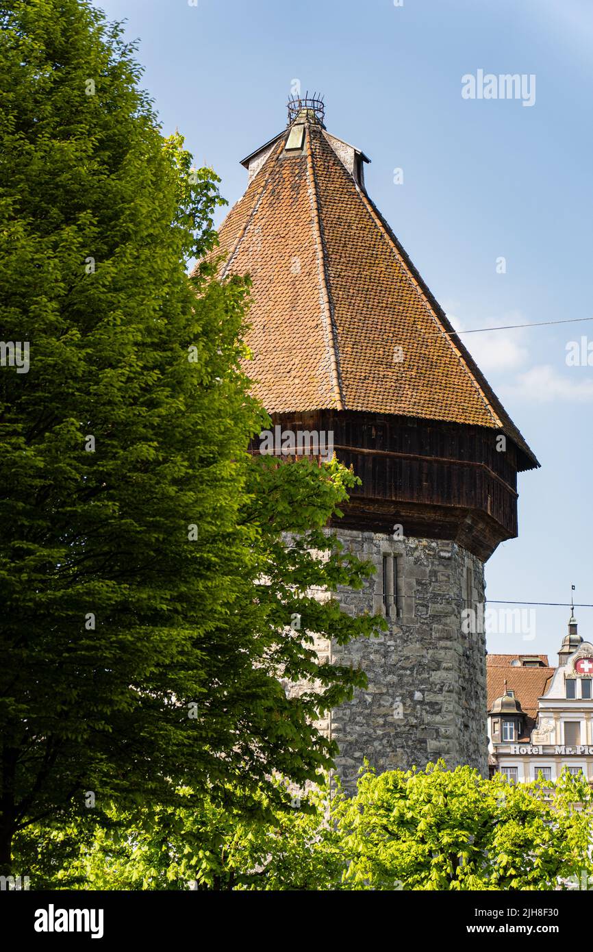 A vertical shot of the tower near the Chapel Bridge in Luzern ...