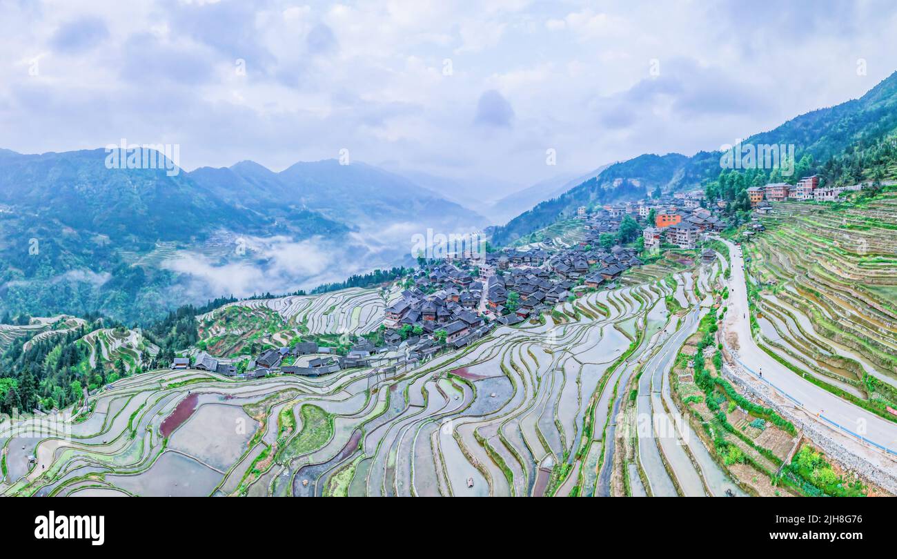 An aerial view of the Yuanyang Hani Rice terraces in Honghe Prefecture ...