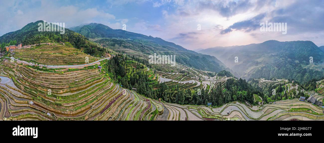 An aerial view of the Yuanyang Hani Rice terraces in Honghe Prefecture ...
