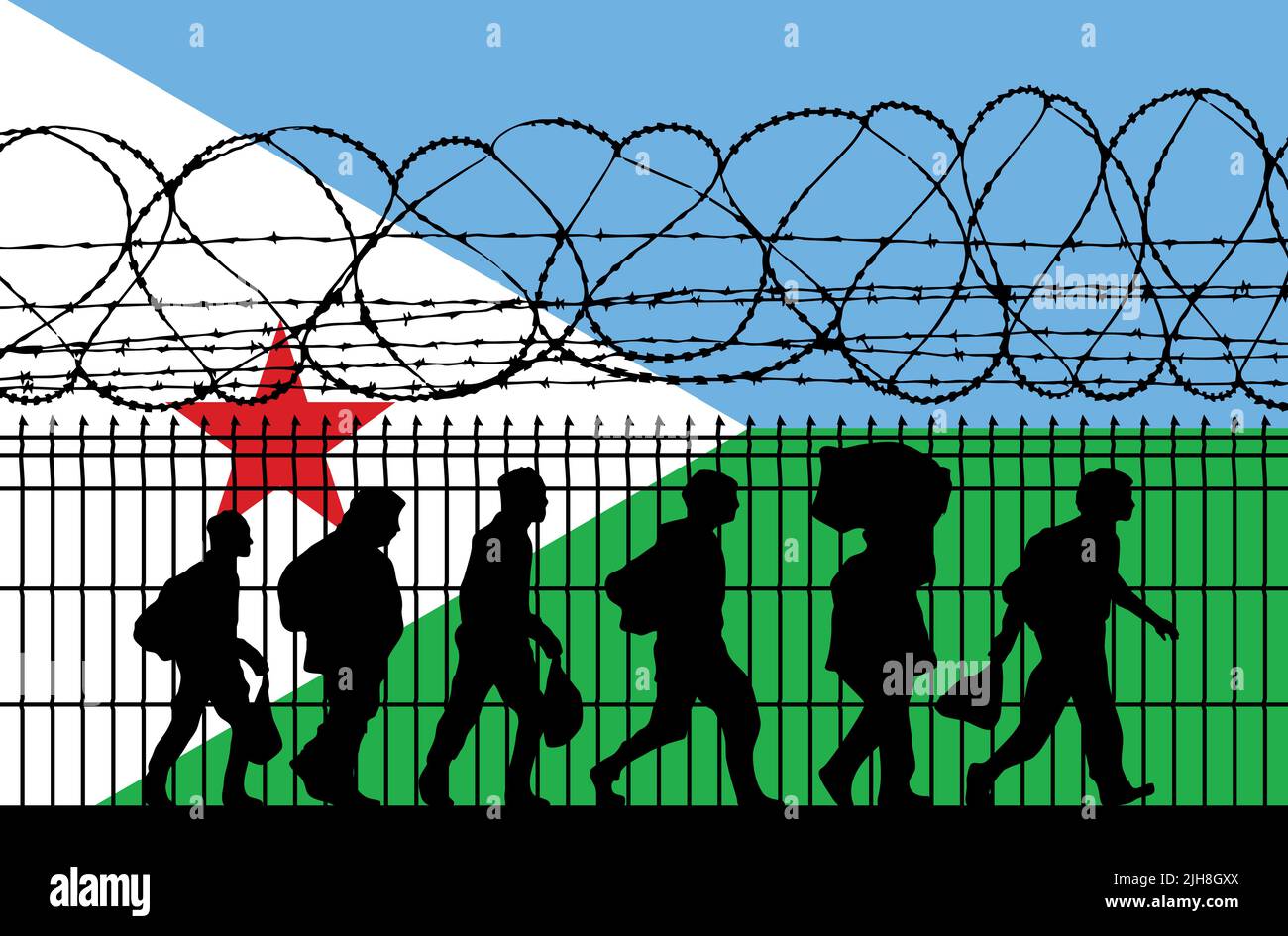 Republic of Djibouti - Refugees near barbed wire fence. Migrants ...