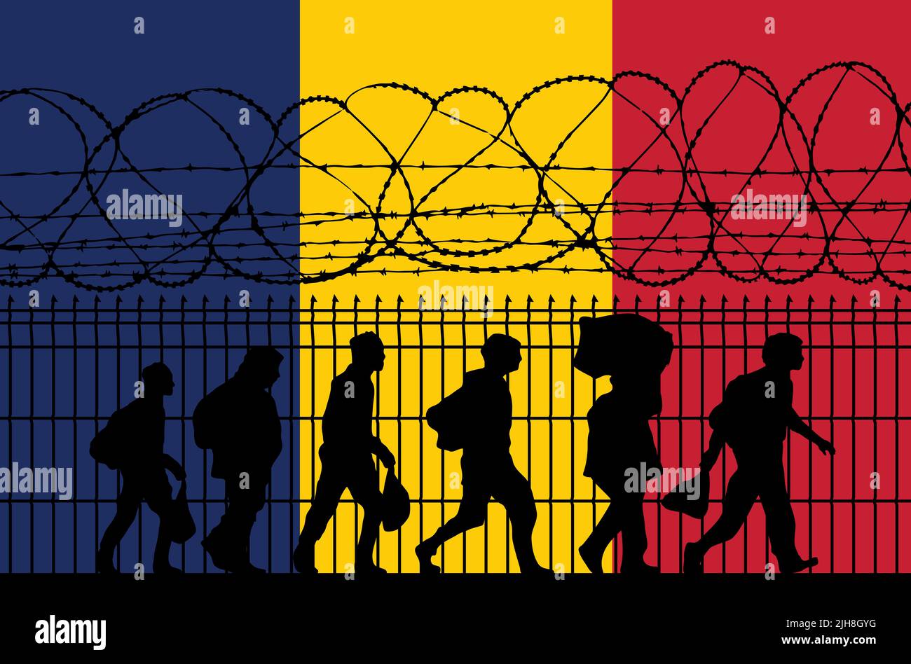 Flag of Chad - Refugees near barbed wire fence. Migrants migrate to ...