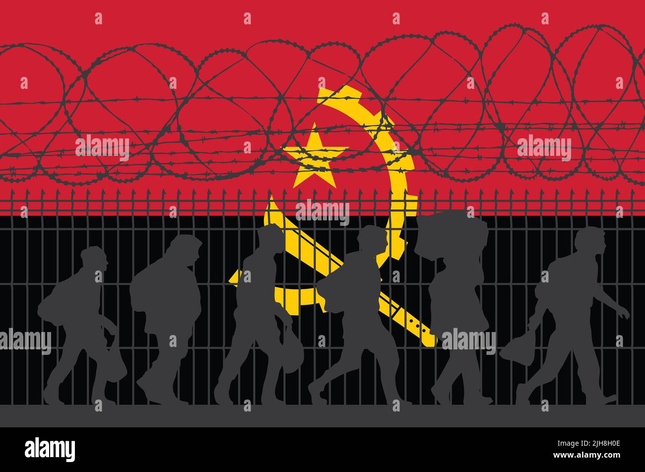 Flag of Angola - Refugees near barbed wire fence. Migrants migrate to ...