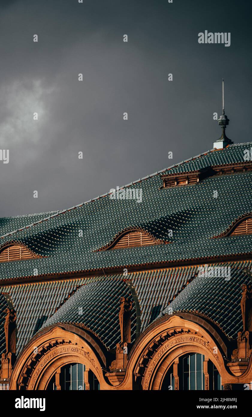 A vertical shot of a detail of an abstract tiled dark green roof with ...