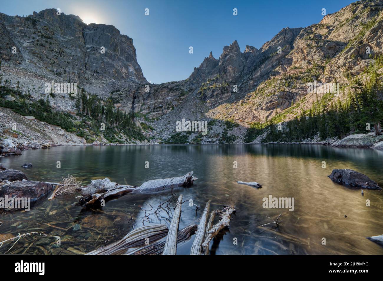 The Emerald Lake, a small mountain lake at Rocky Mountain National Park ...