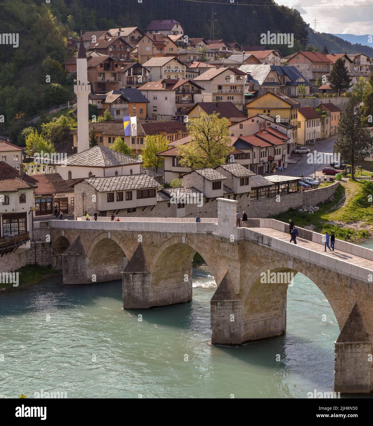 A high-angle shot of the historic Mehmed Pasa Sokolovic Bridge in ...