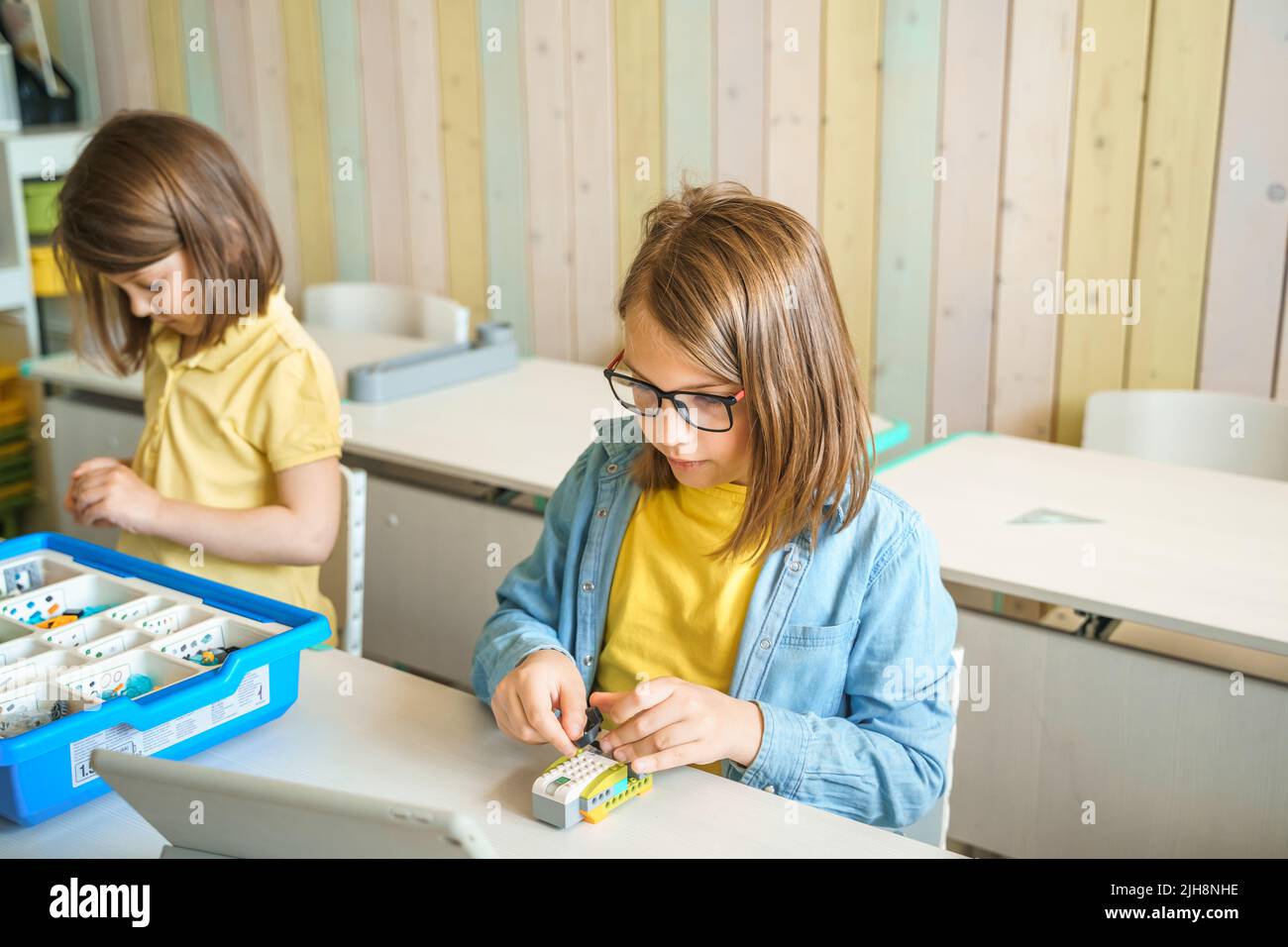 Programming work, learning robotics in elementary school. Children ...