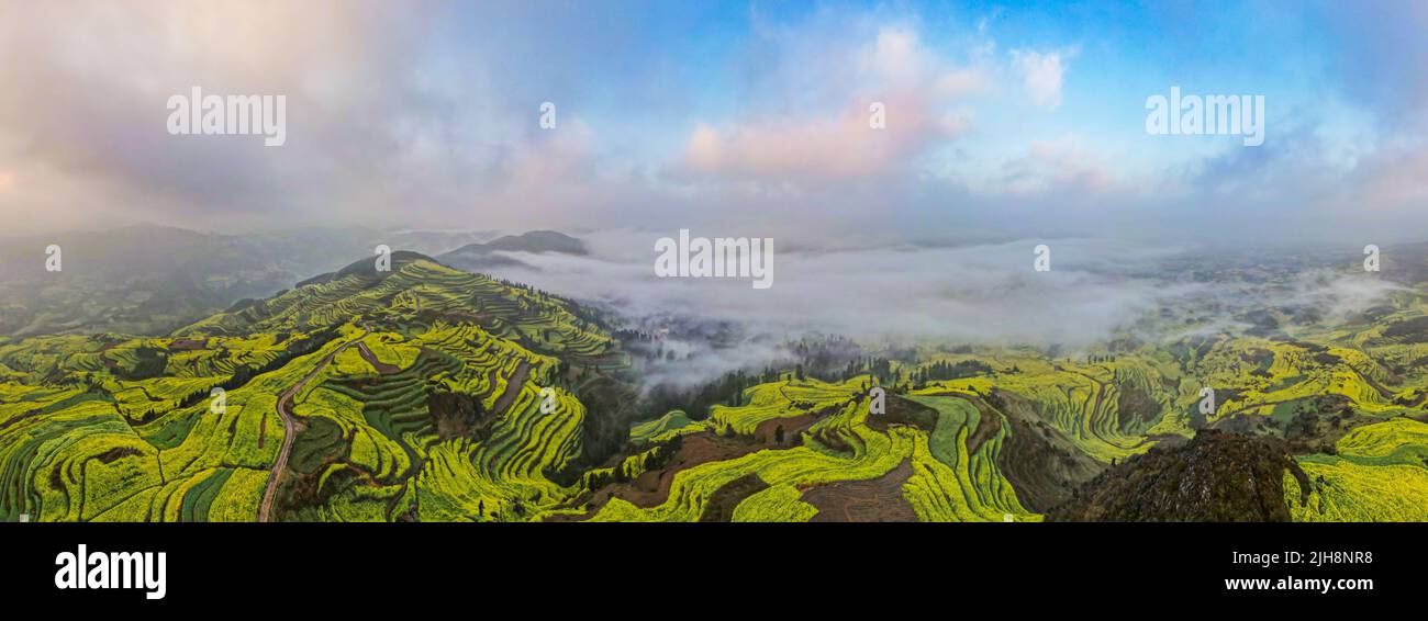 The aerial view of the Longji -Dragon's Backbone Terraced Rice Fields ...