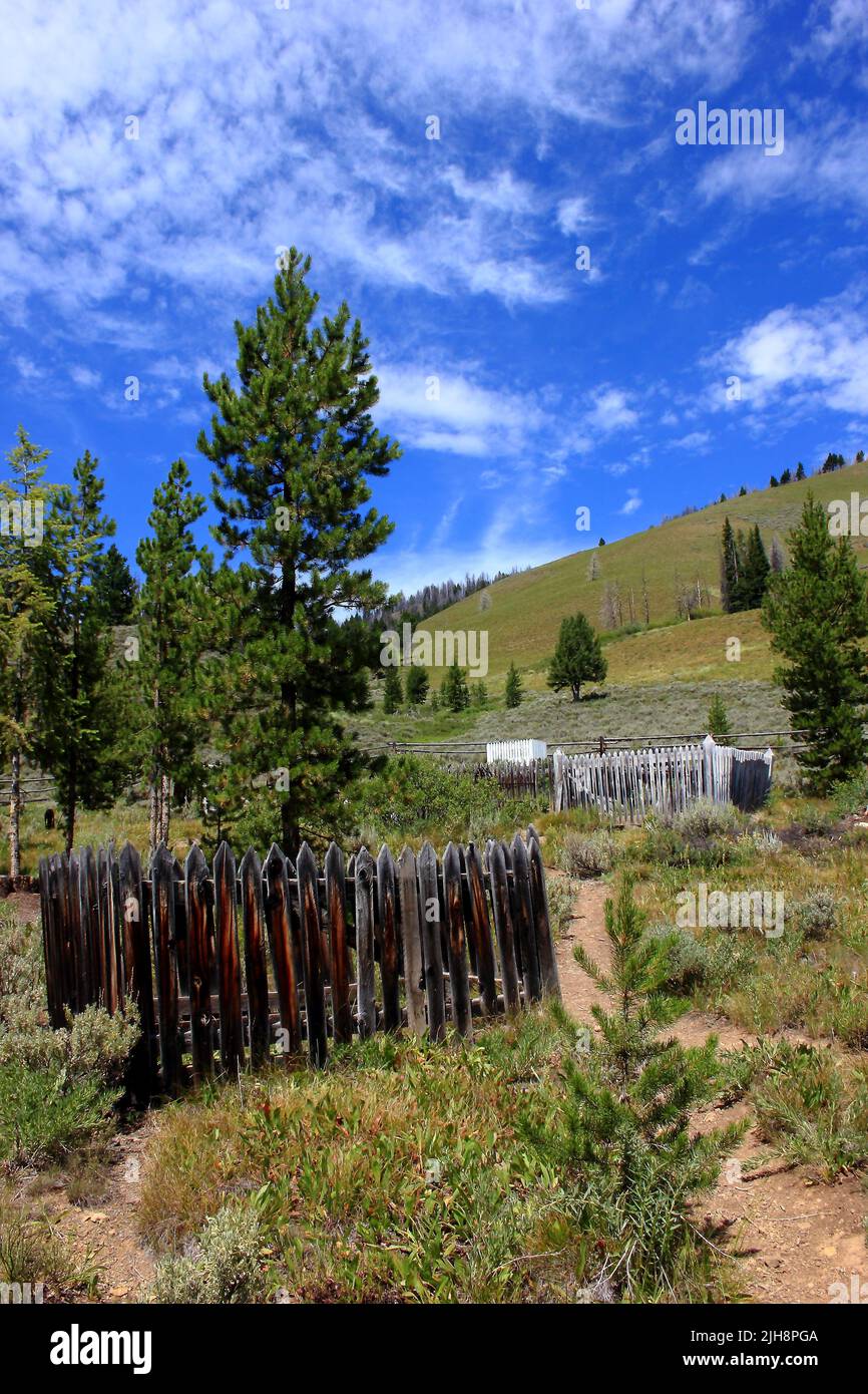 The Pioneer Cemetery in the ghost town of Bonanza, Idaho, USA Stock ...