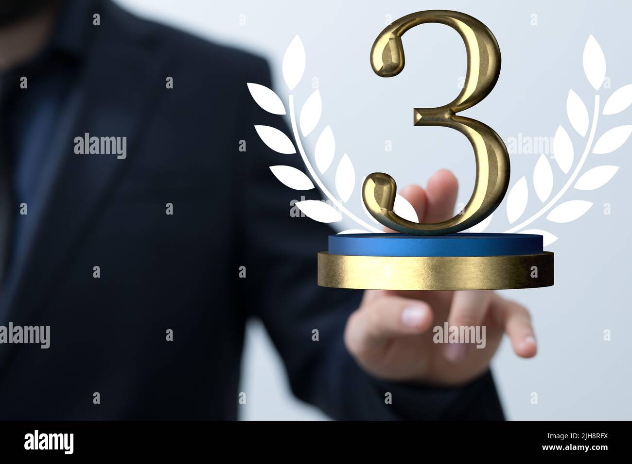 A digital floating 3rd place golden prize celebration logotype with a ...