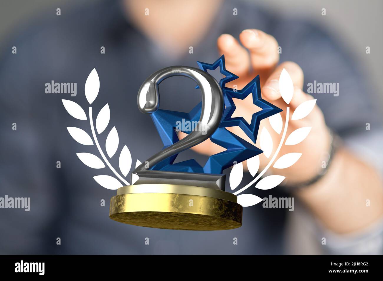 A digital floating 2nd place prize celebration logotype with a man's ...