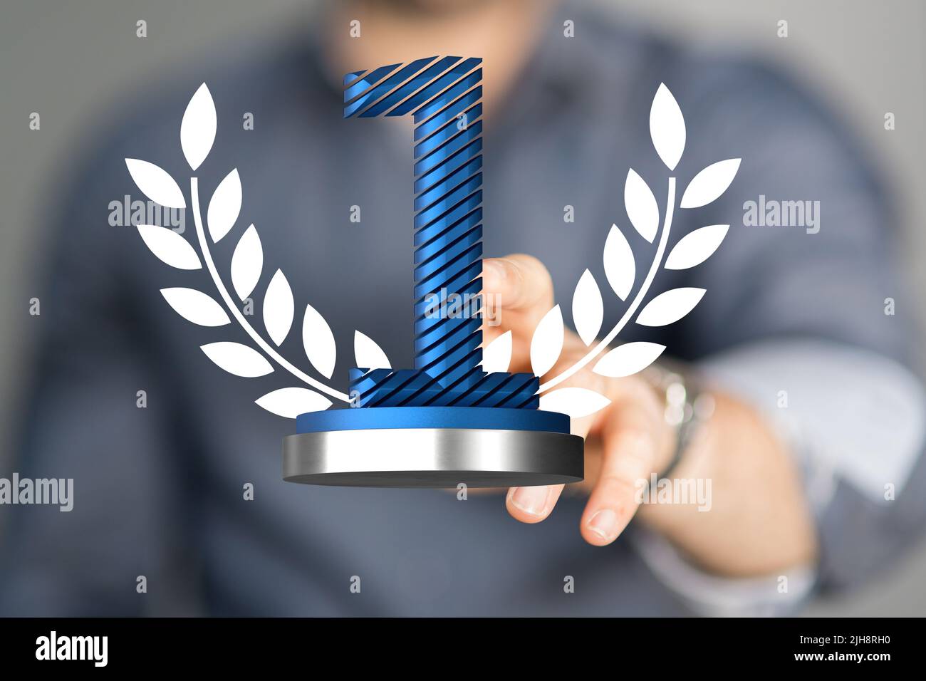 A digital floating first place prize celebration logotype with a man's ...