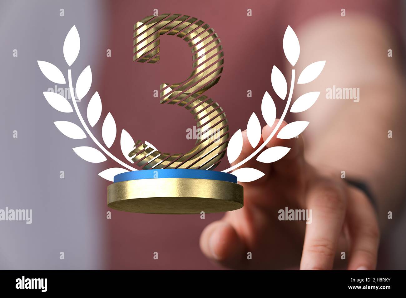 A digital floating 3rd place prize celebration logotype with a man's ...