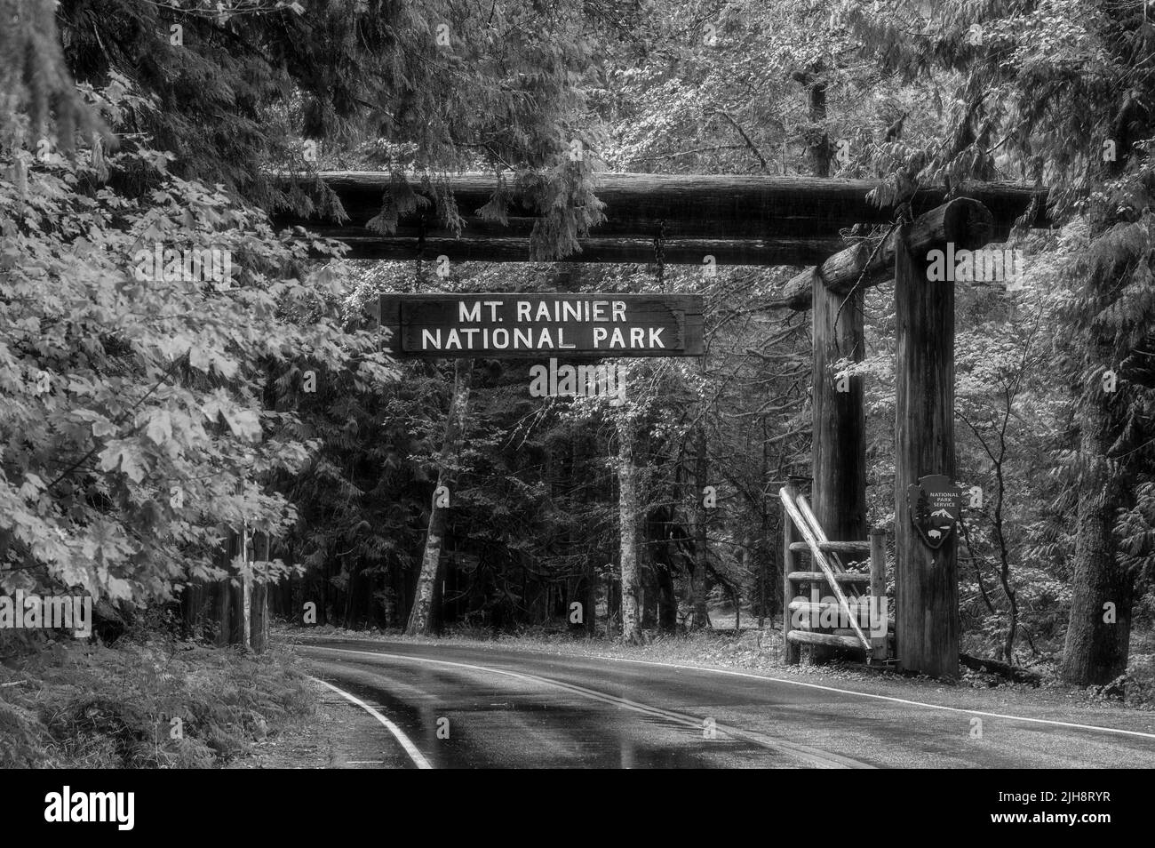 A grayscale shot of the Nisqually Entrance Historic District with MT ...