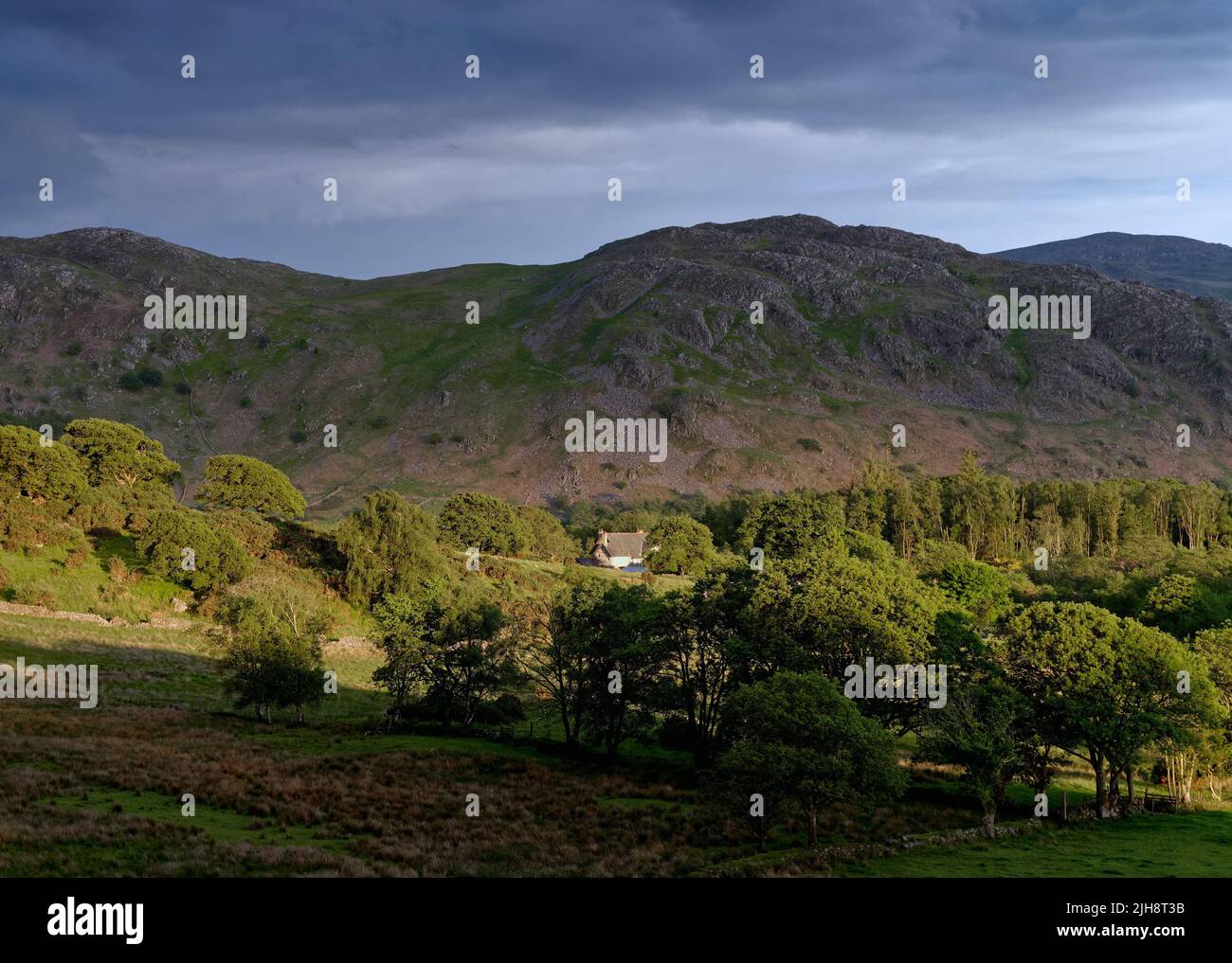 A remote and secluded cottages in Eskdale illuminated by a low evening ...