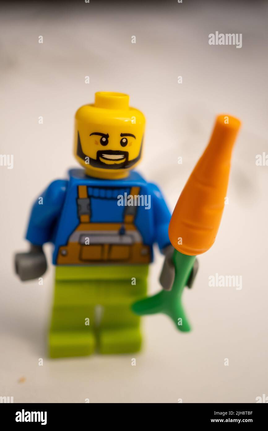 The Lego brand man with beard figurine holding a carrot, vertical Stock ...
