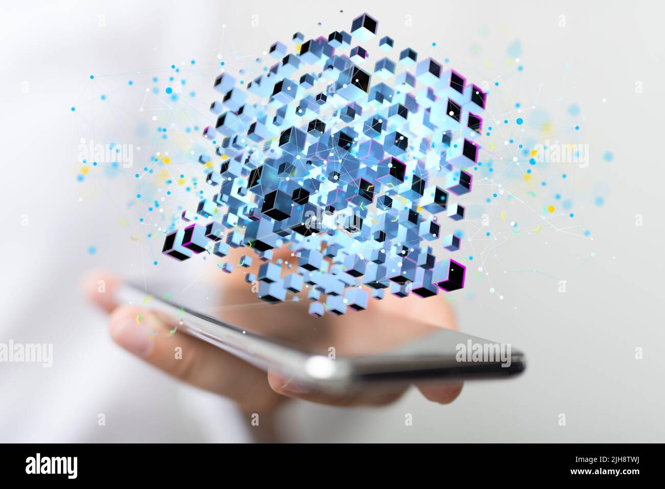 A man holding a phone with floating render of data cloud storage ...