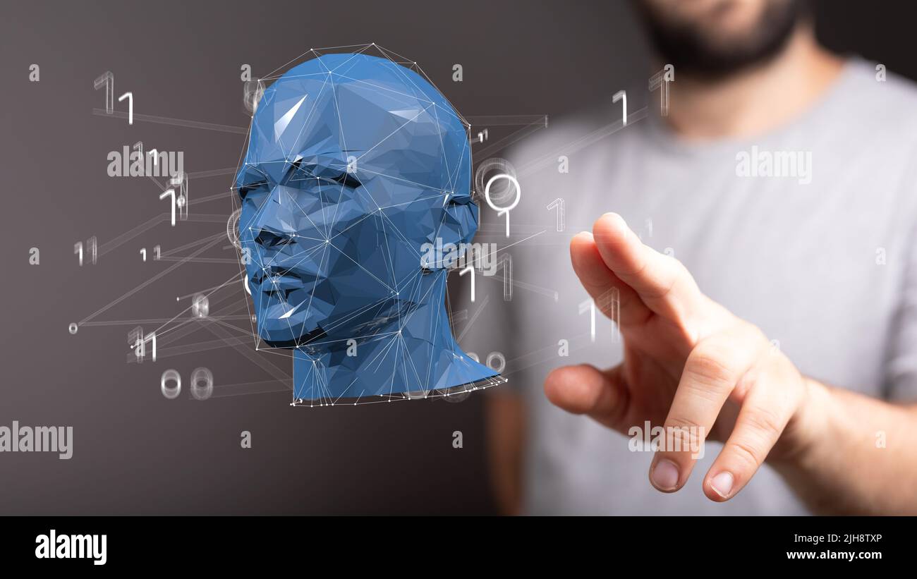 A man touching a floating render of the head Stock Photo - Alamy