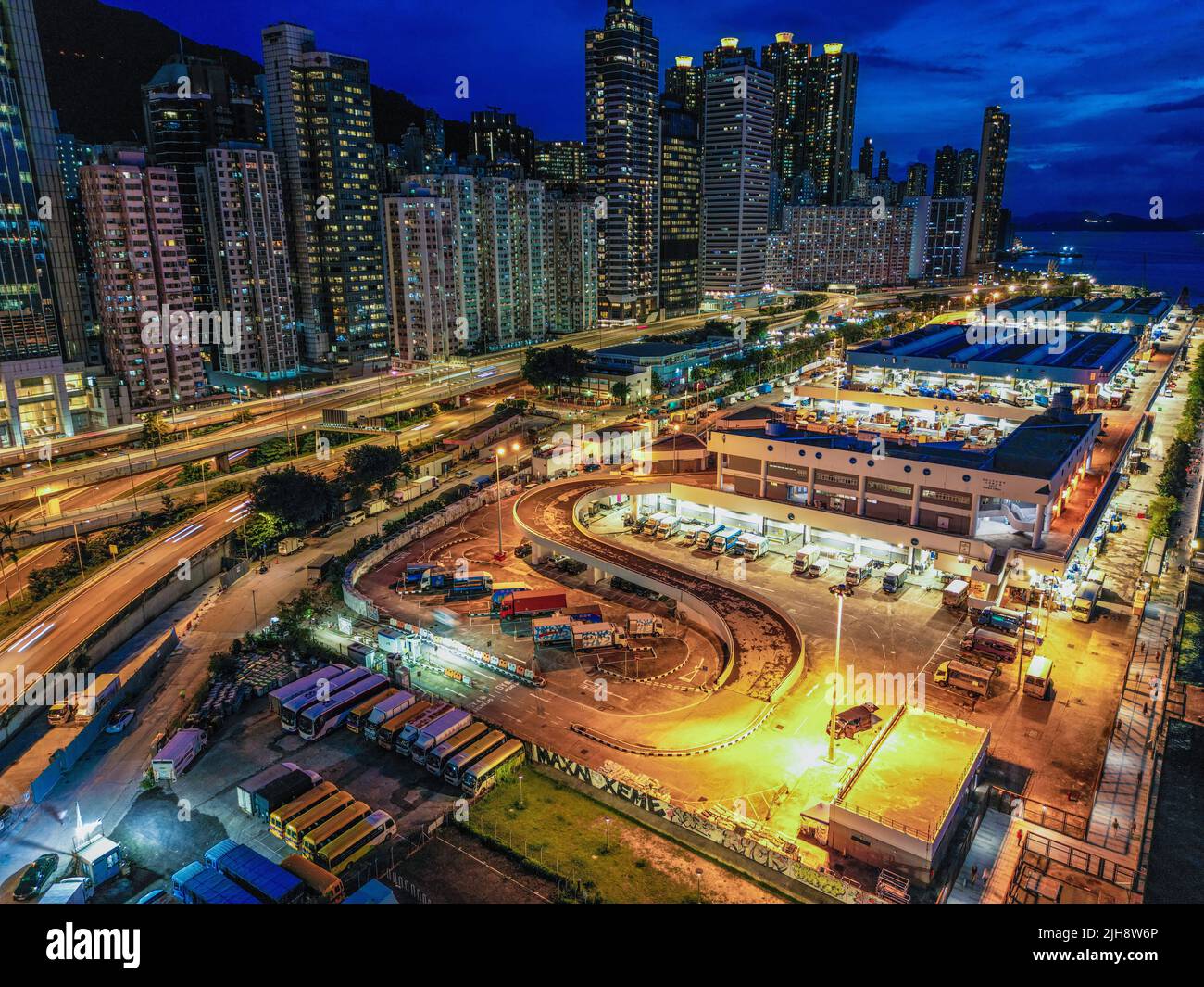 An aerial illuminated cityscape view of the Sai Ying Pun, Hong Kong ...