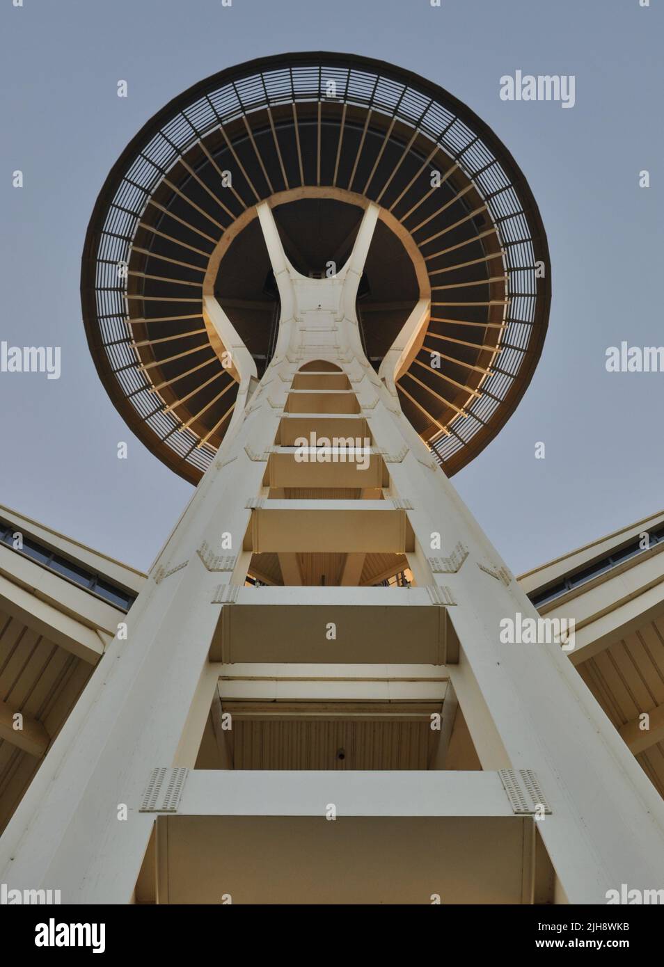 A low angle shot of a Space Needle in Seattle at the observation deck ...