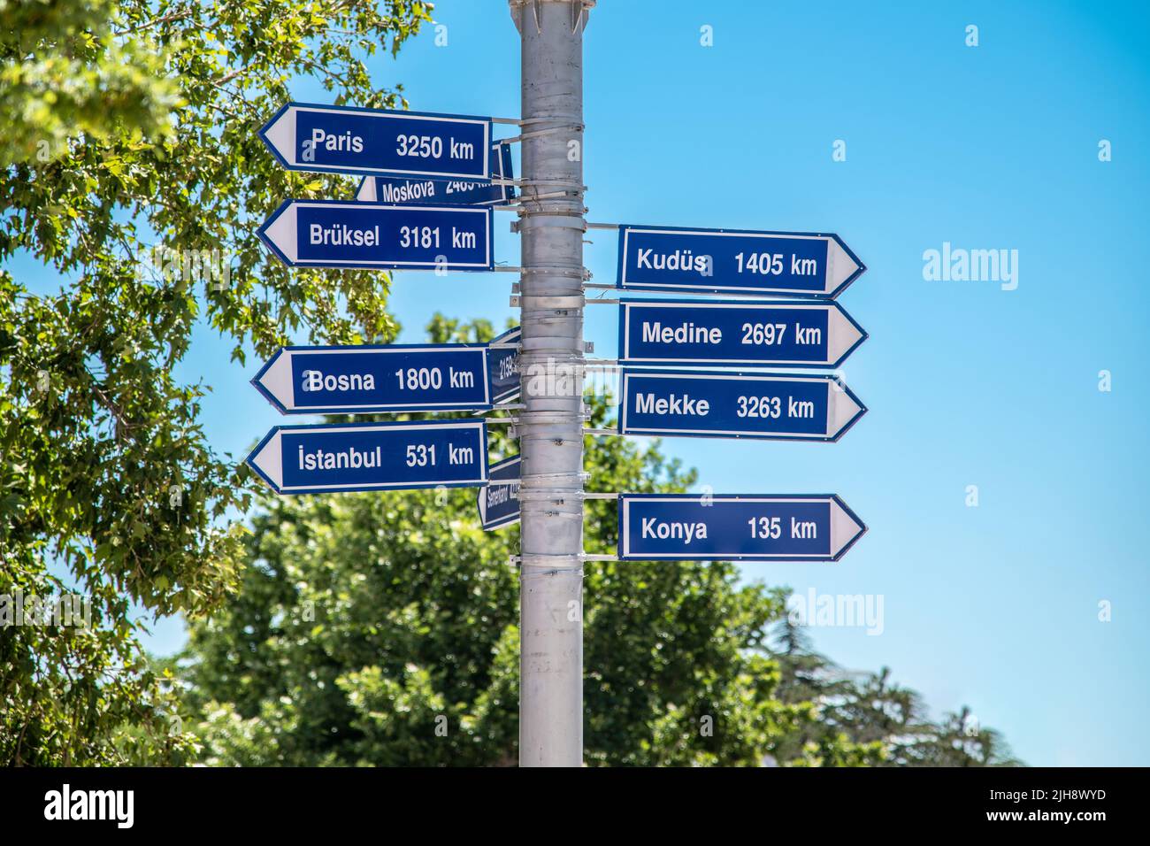 Signpost showing Important Cities (Paris, Brussels, Bosnia, Istanbul ...