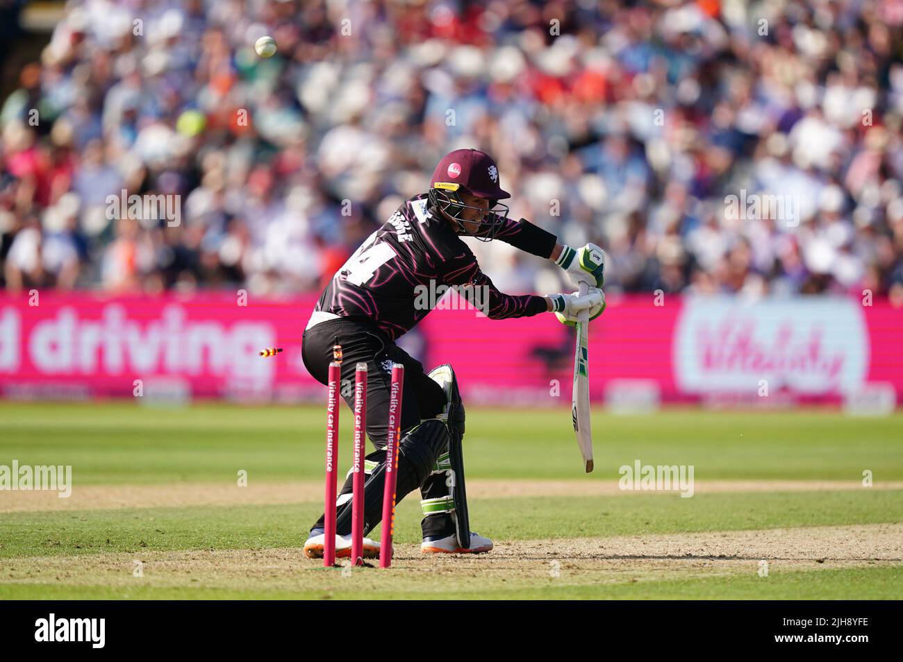 Somerset's Peter Siddle is bowled by Hampshire's Nathan Ellis during ...
