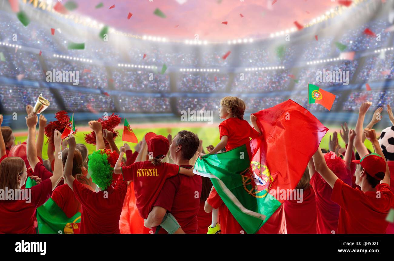 Portugal football supporter on stadium. Portuguese fans on soccer pitch ...