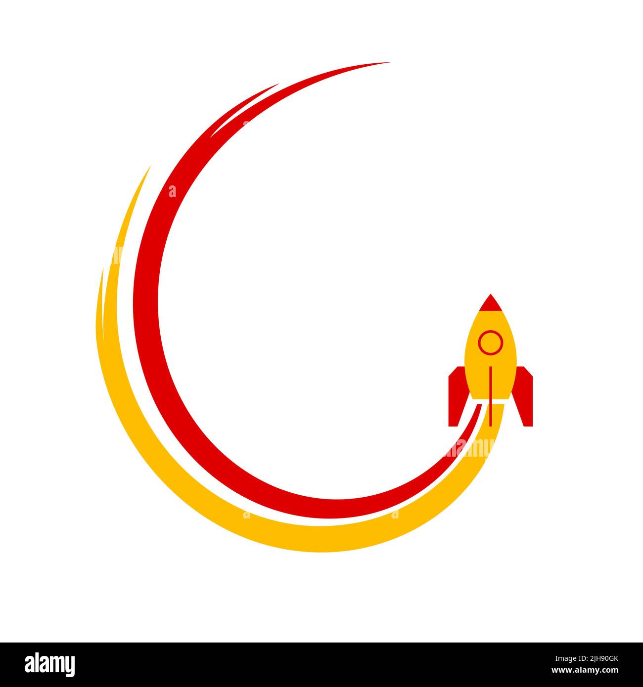 Cartoon rocket with circle trail. Flat vector illustration isolated on ...