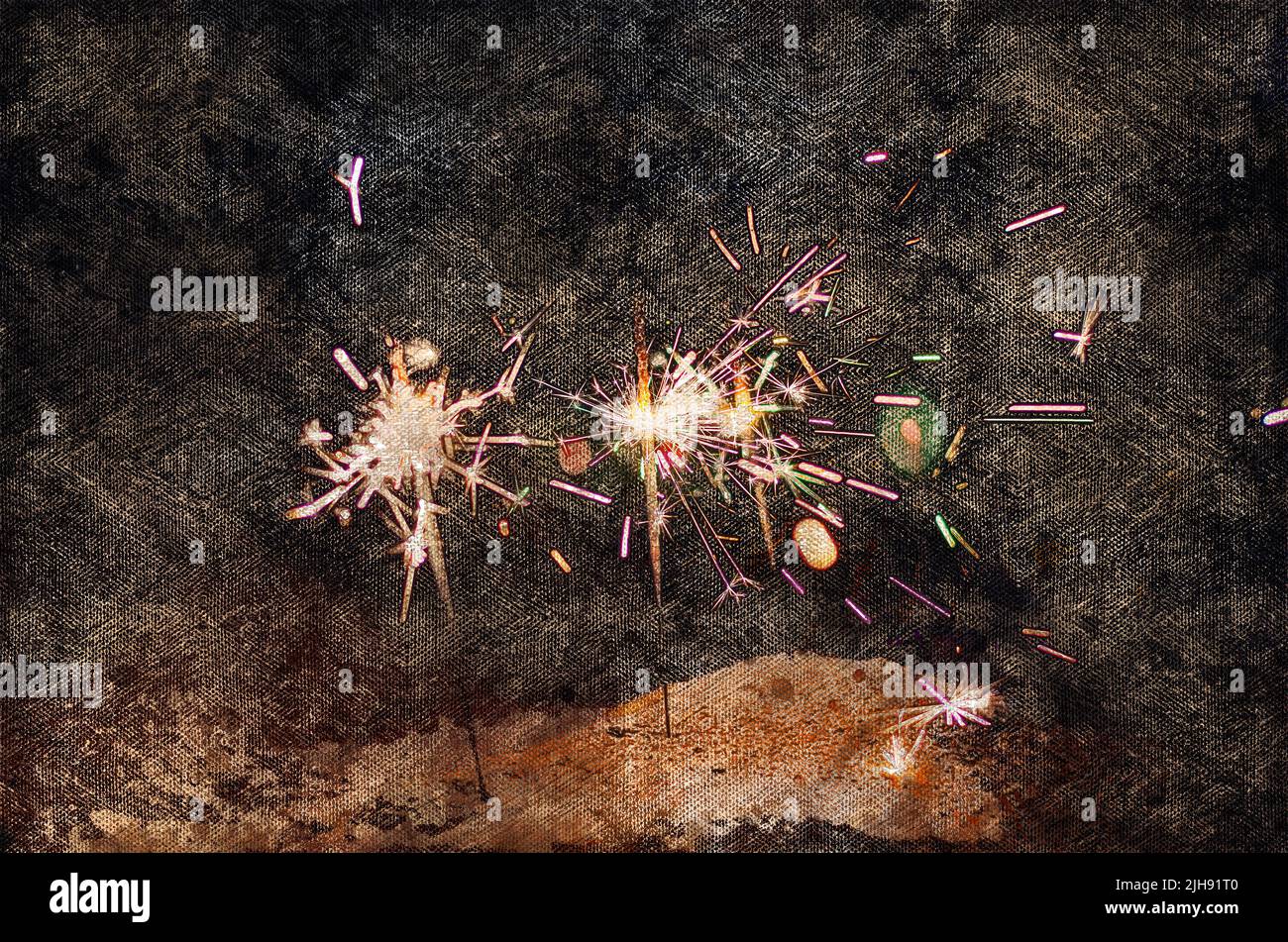 Romantic nighttime background with sparks. Beach sand at night with ...