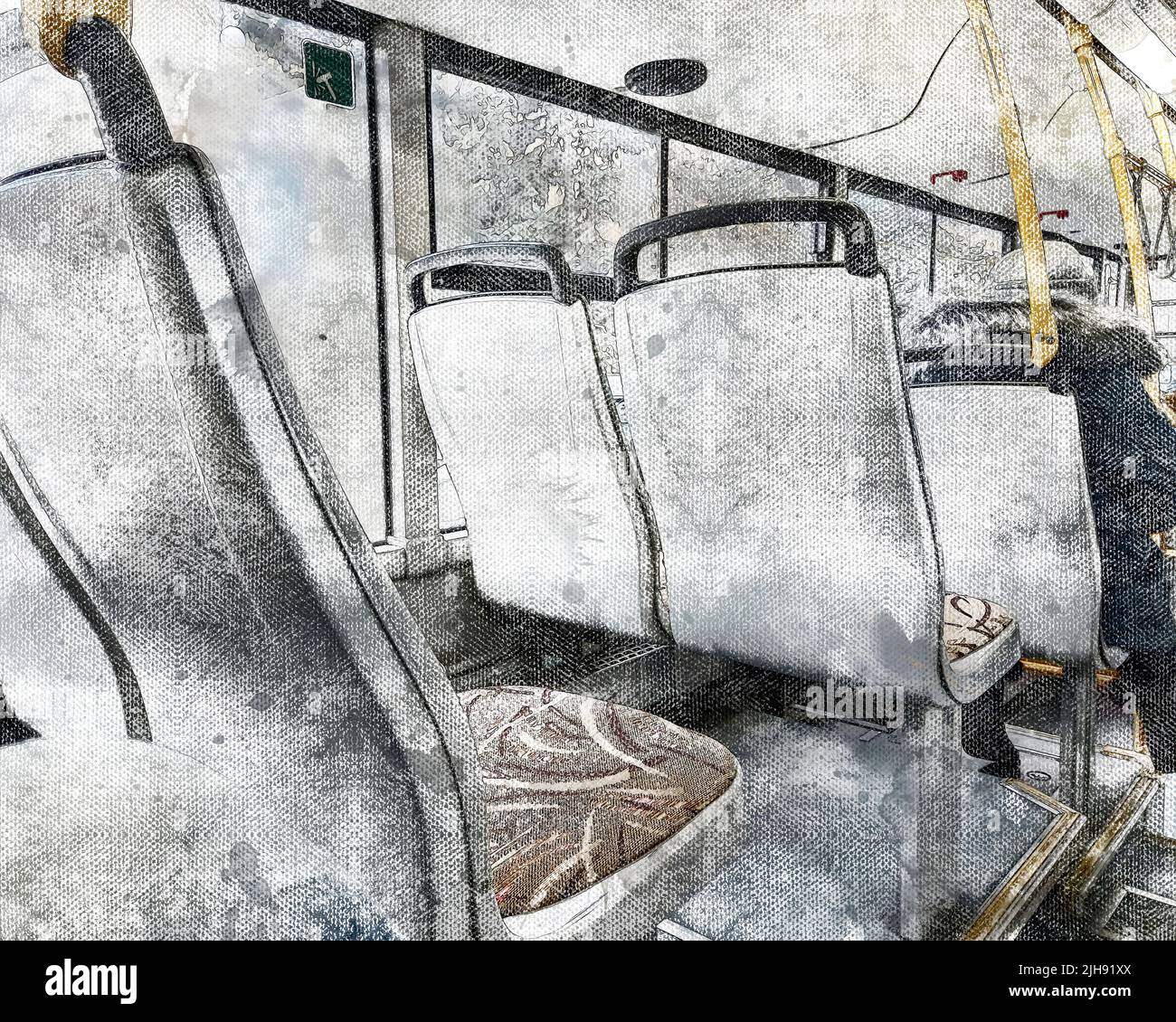 City bus interior, public transport concept. Adult woman riding the bus ...