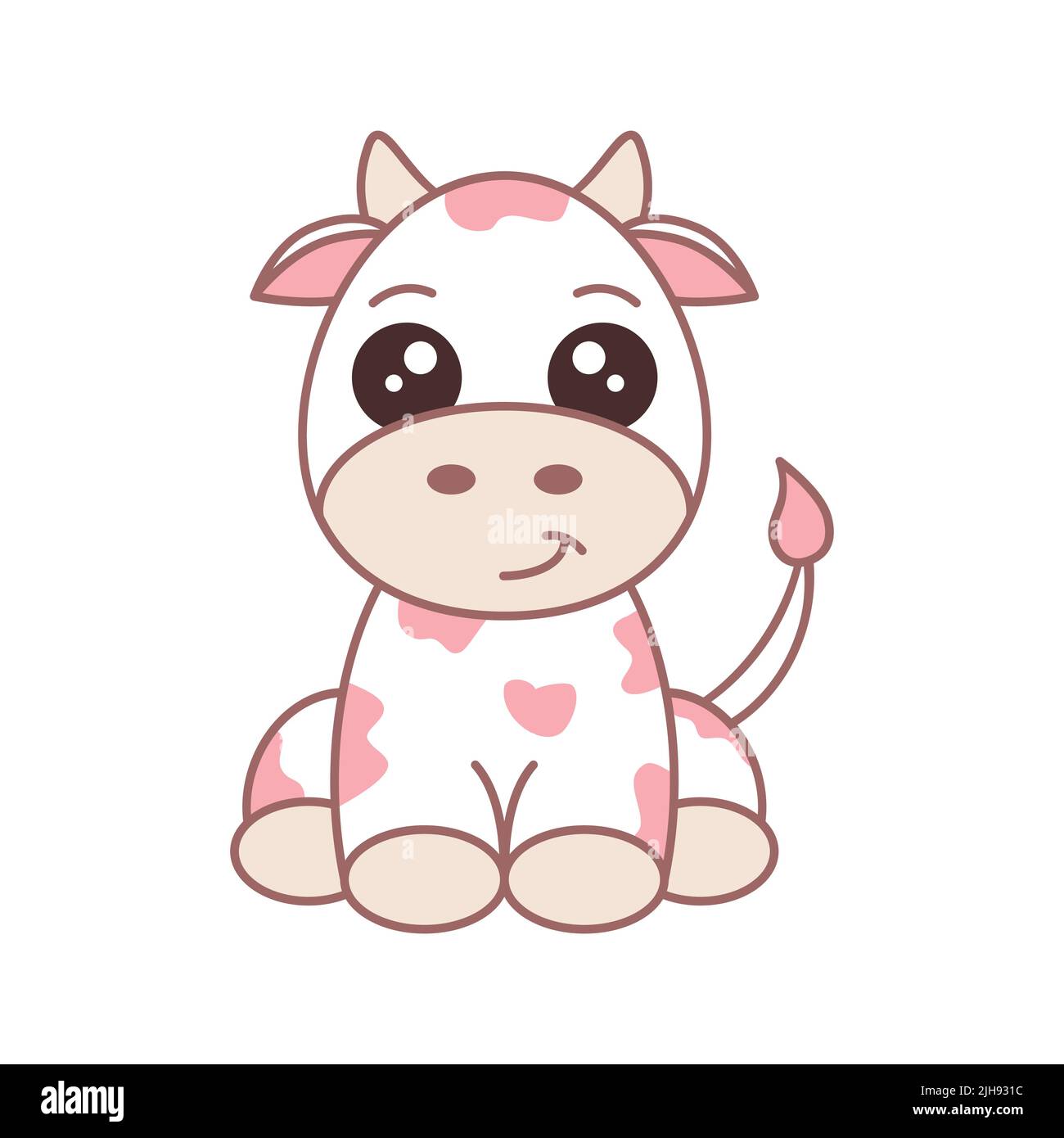 Cute pink strawberry cow. Funny animal cartoon character. Cow sitting ...