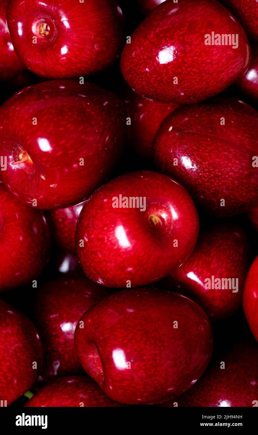Red juicy sweet cherries. Juicy maroon fruit close-up. Cherries in ...