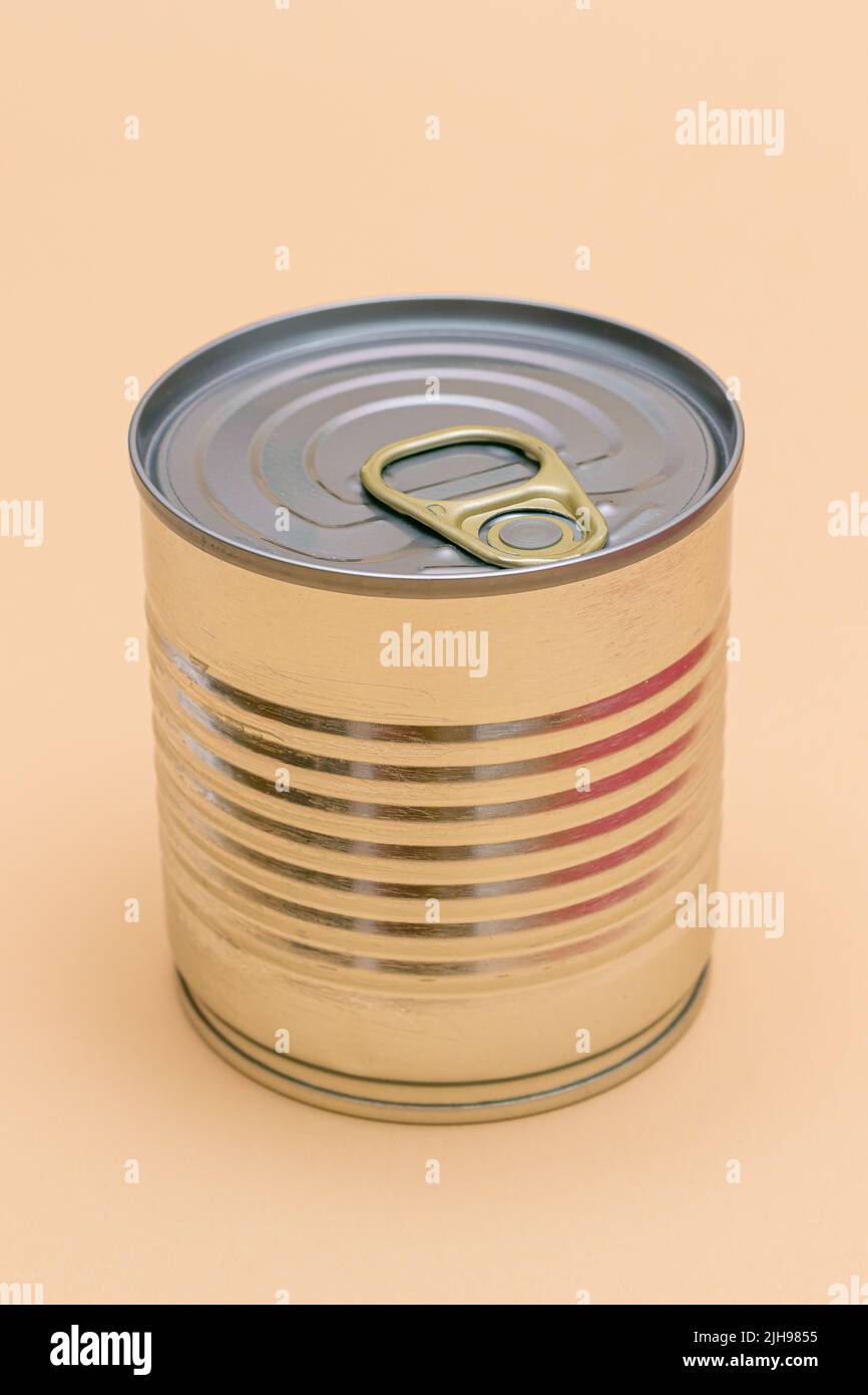 Unopened Tin Can with Blank Edge on Beige Background. Canned Food ...