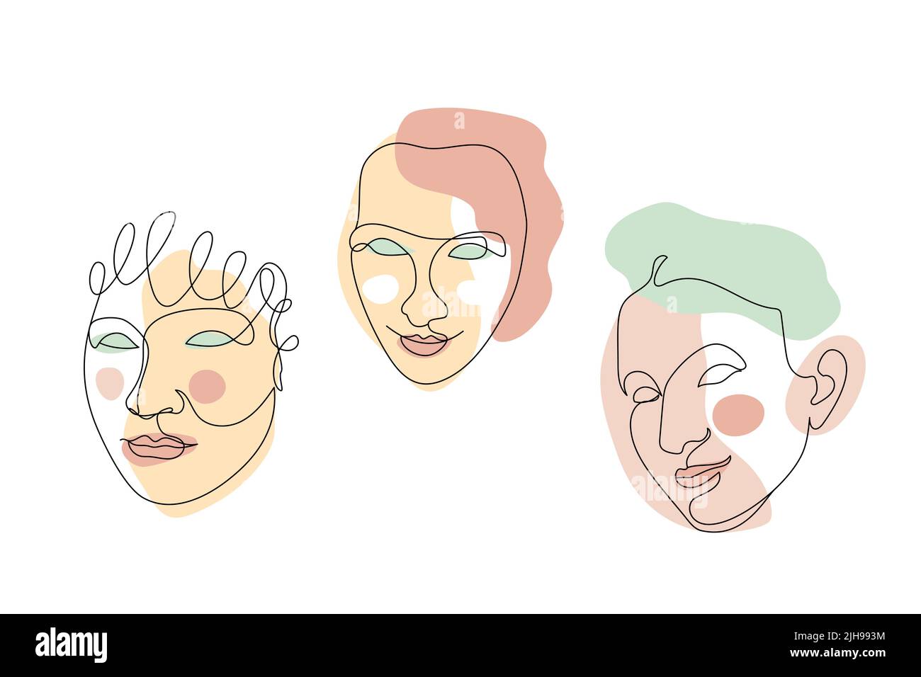 Set of female faces single line drawings and pastel abstract shapes ...