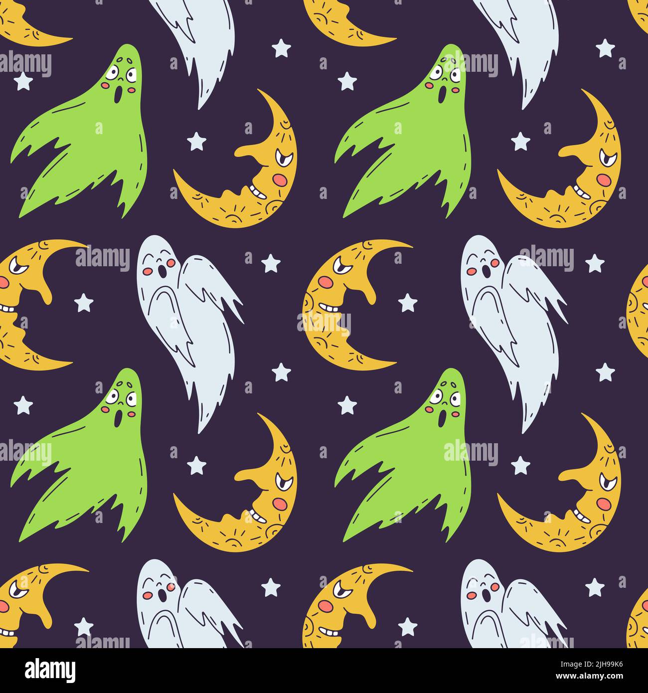 Halloween seamless pattern with cute cartoon ghosts and half moons on ...