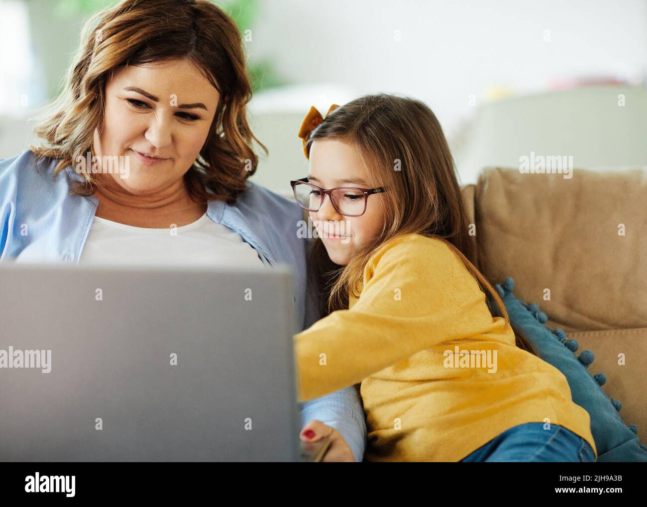 laptop computer education mother children daughter girl familiy ...
