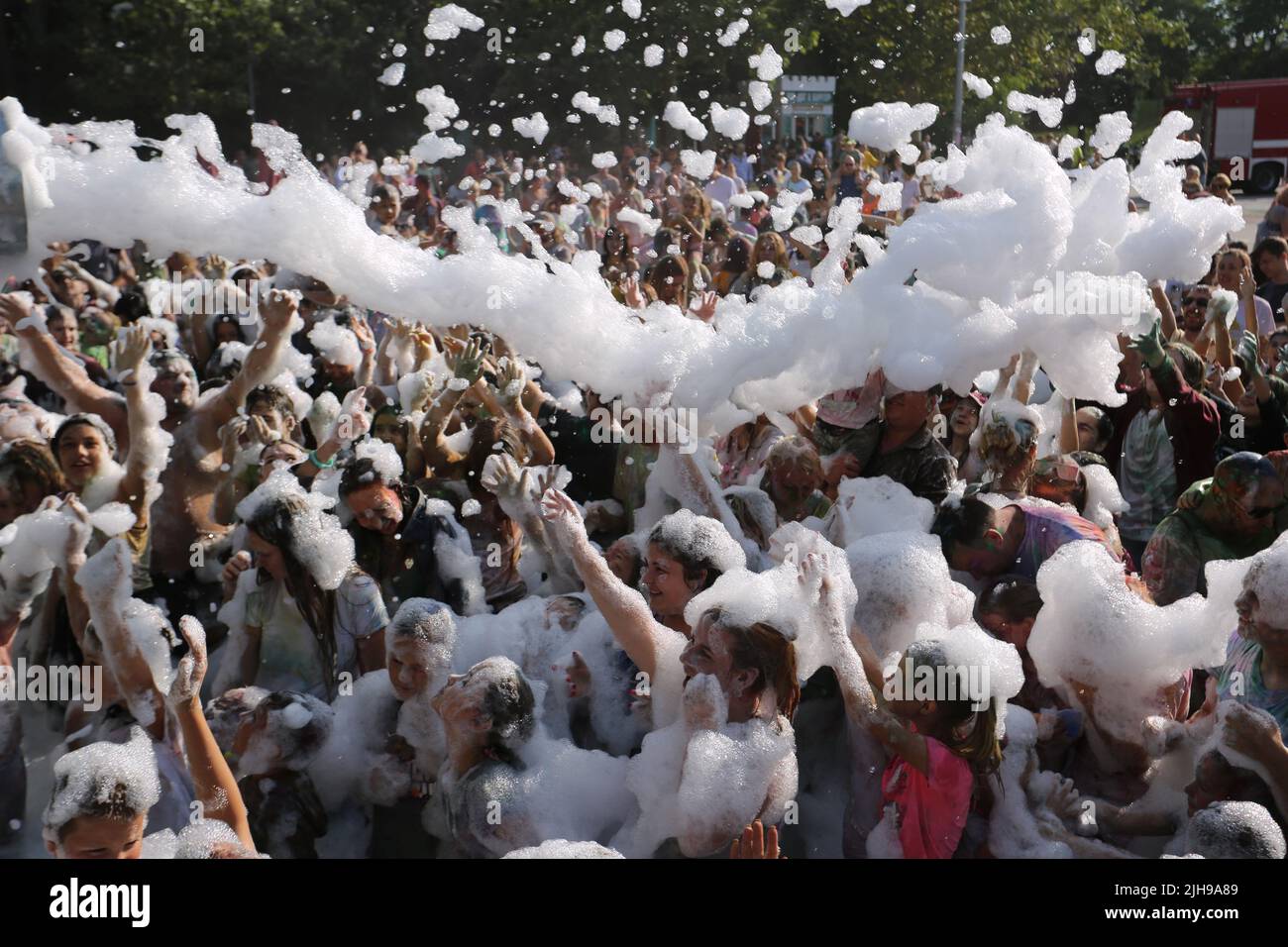Odessa, Ukraine. 07th Aug, 2021. People covered in foam seen dancing during the event. As a ...