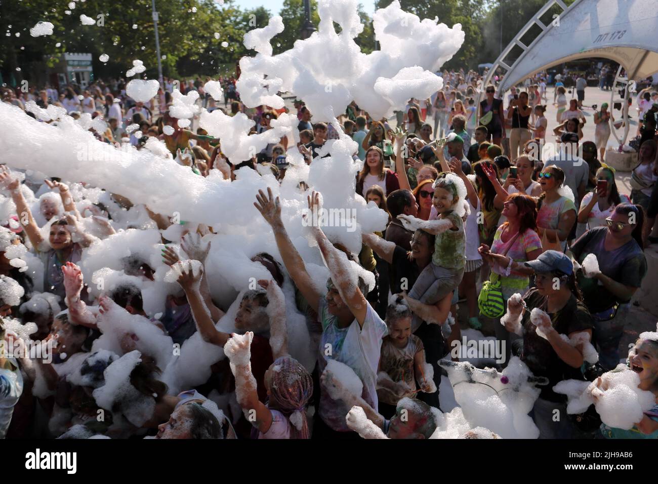 Odessa, Ukraine. 7th Aug, 2021. People covered in foam seen dancing during the event. As a ...