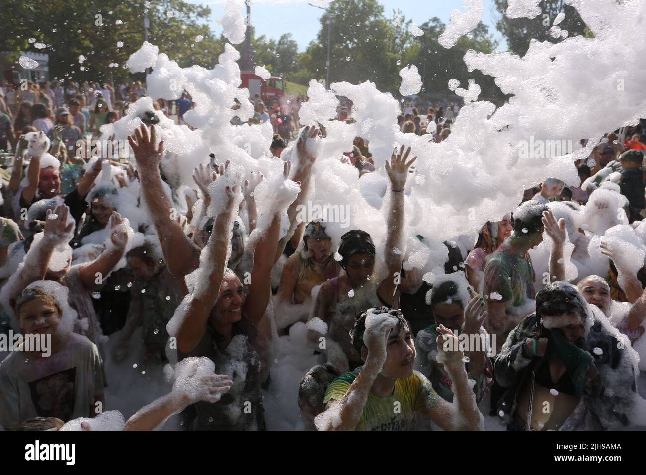 Odessa, Ukraine. 7th Aug, 2021. People covered in foam seen dancing ...