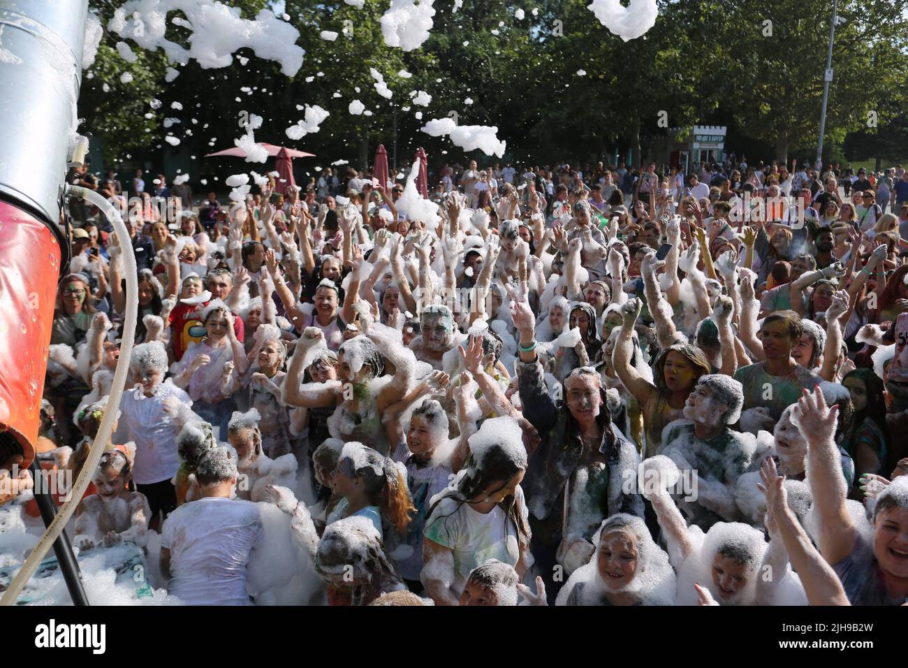 Odessa, Ukraine. 7th Aug, 2021. People covered in foam seen dancing during the event. As a ...