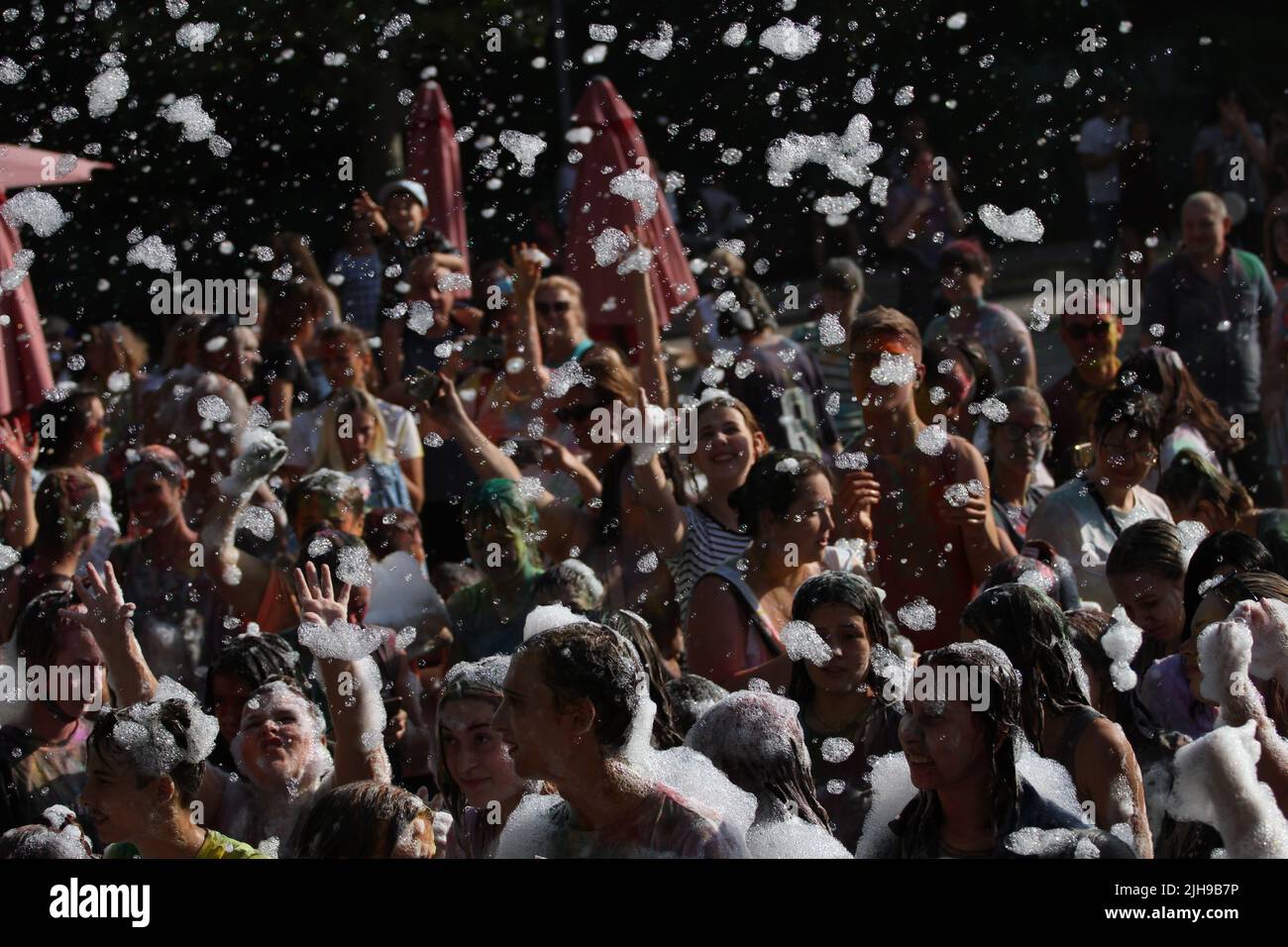 Odessa, Ukraine. 7th Aug, 2021. People covered in foam seen dancing during the event. As a ...