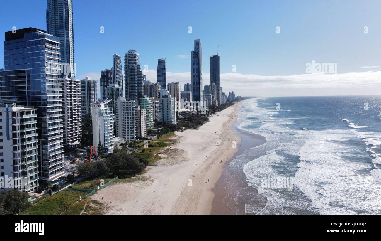 An aerial drone shot of Surfers Paradise seaside resort on Queensland's ...