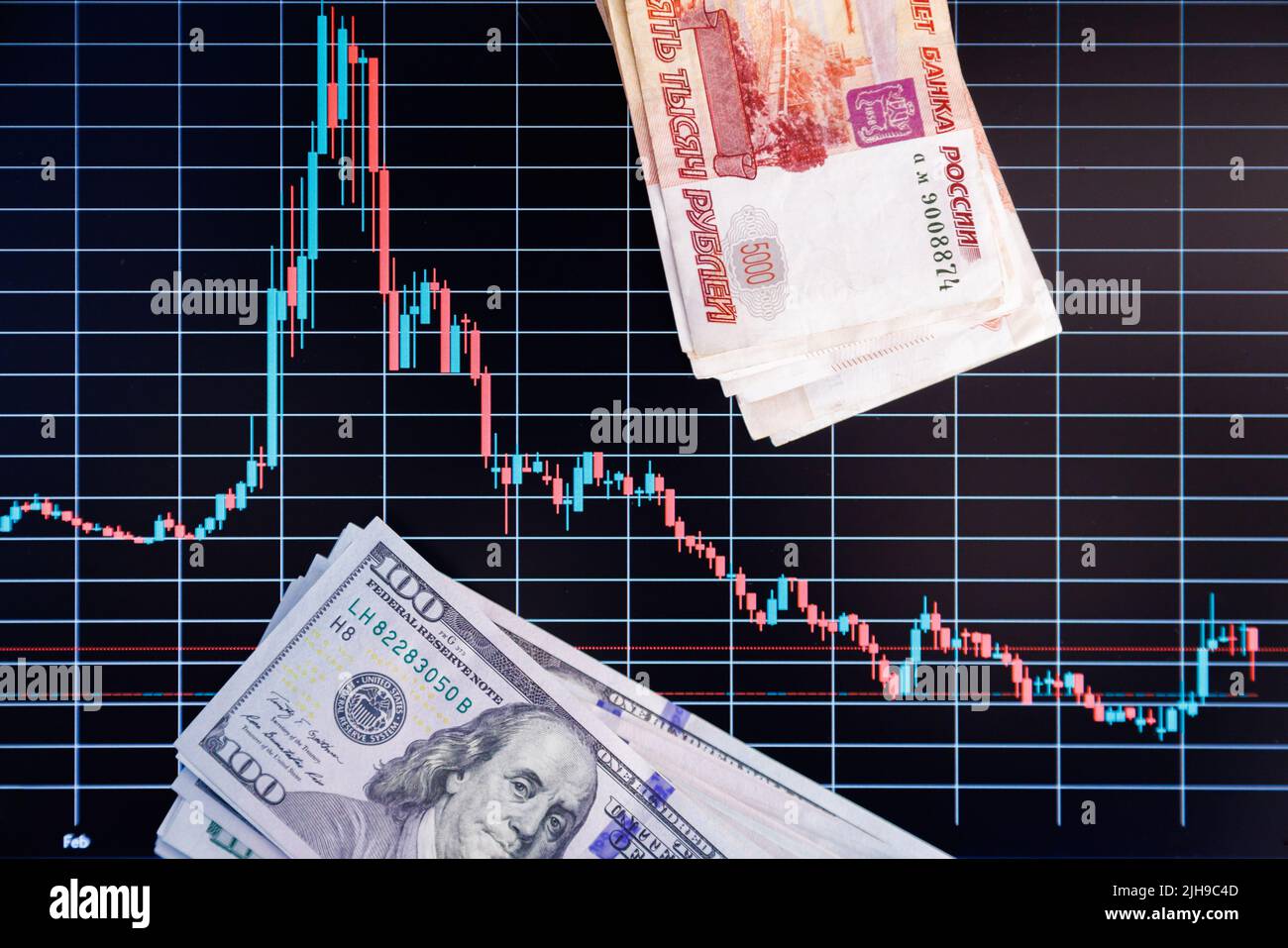 US dollar and russian ruble banknote stacks over digital screen with ...