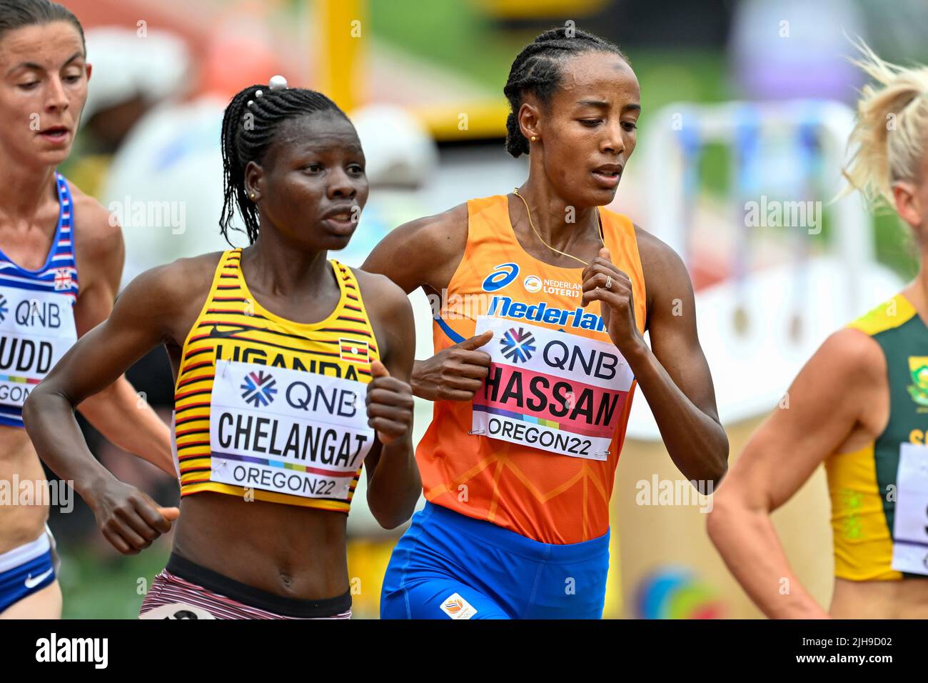 EUGENE, UNITED STATES - JULY 16: Mercyline Chelangat of Uganda, Sifan ...