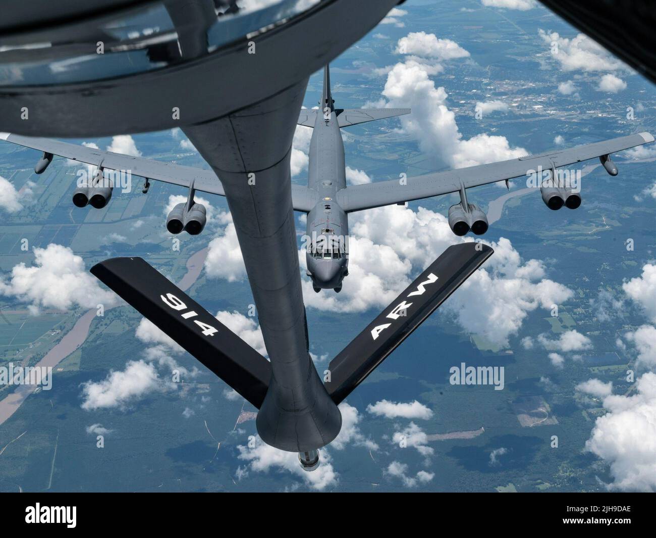 A KC-135 Stratotanker with the 914th Air Refueling Wing, New York, refuels a B-52 Stratofortress ...