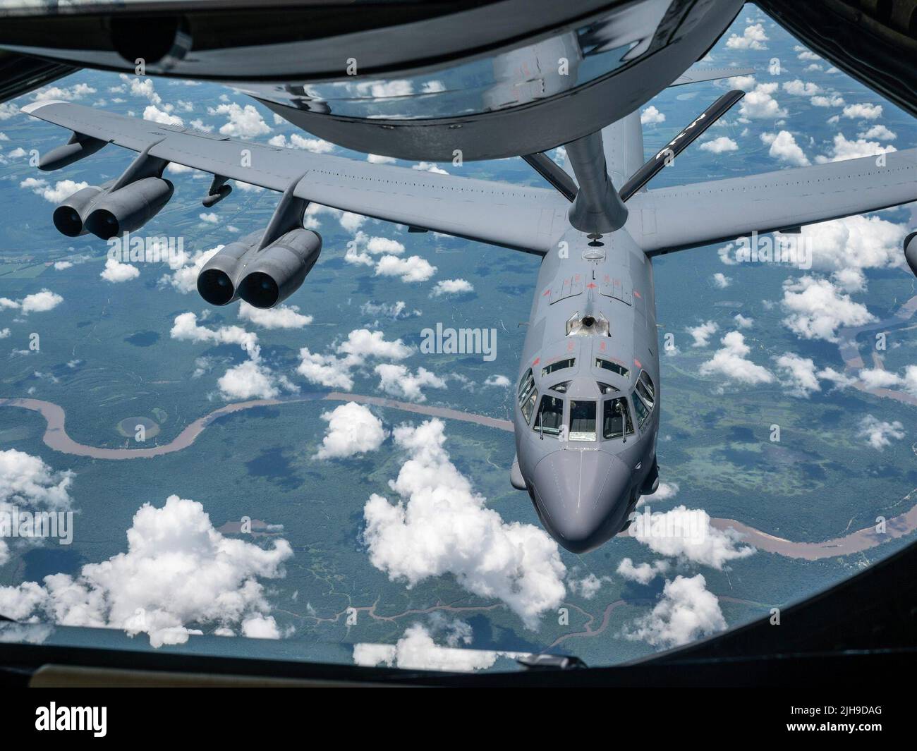 A KC-135 Stratotanker with the 914th Air Refueling Wing, New York, refuels a B-52 Stratofortress ...
