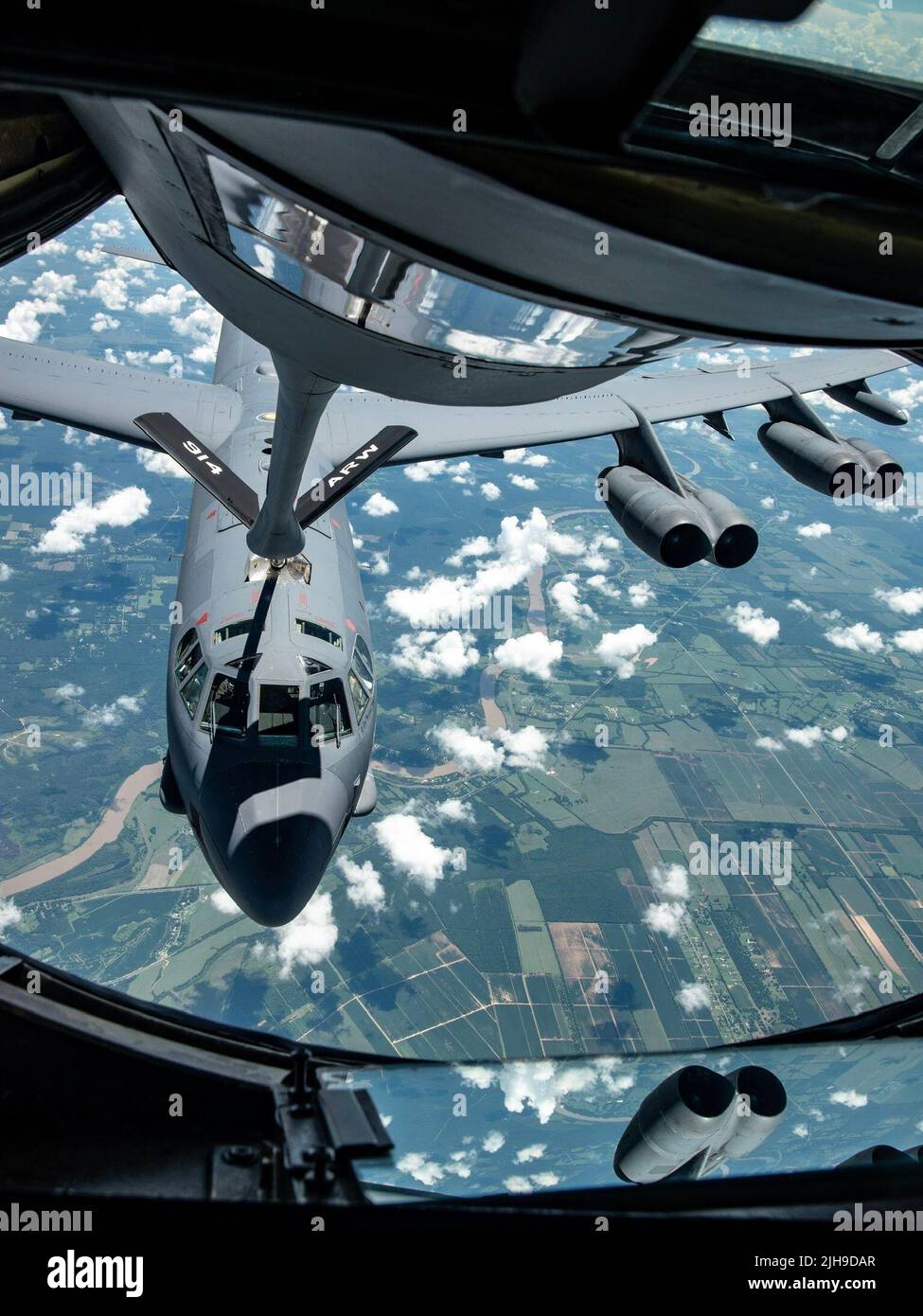 A KC-135 Stratotanker with the 914th Air Refueling Wing, New York, refuels a B-52 Stratofortress ...