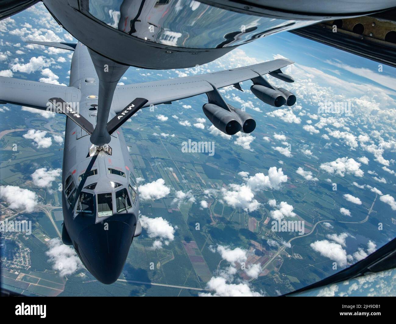 A KC-135 Stratotanker with the 914th Air Refueling Wing, New York, refuels a B-52 Stratofortress ...