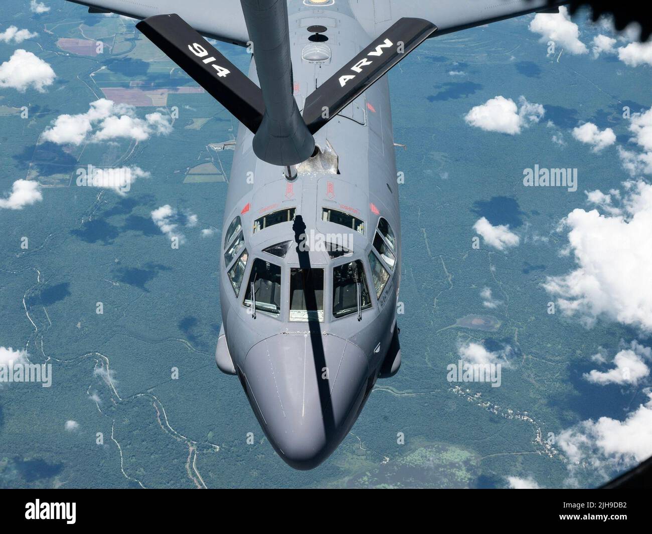 A KC-135 Stratotanker with the 914th Air Refueling Wing, New York, refuels a B-52 Stratofortress ...